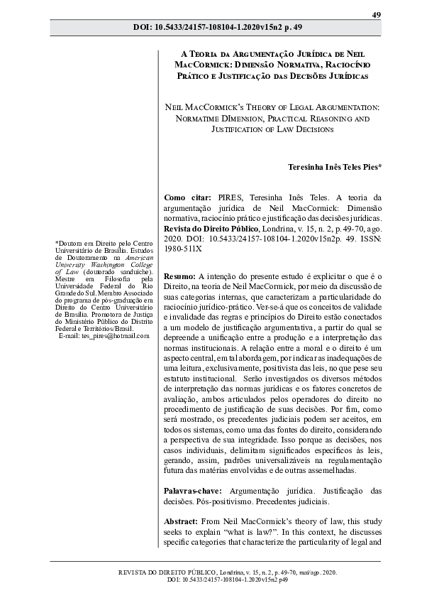 (PDF) A Teoria da Argumentação Jurídica de Neil MacCormick: Dimensão ...