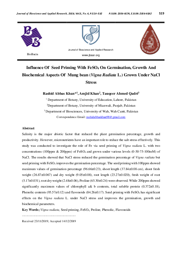 (PDF) Influence Of Seed Priming With FeSO4 On Germination, Growth And Biochemical Aspects Of ...