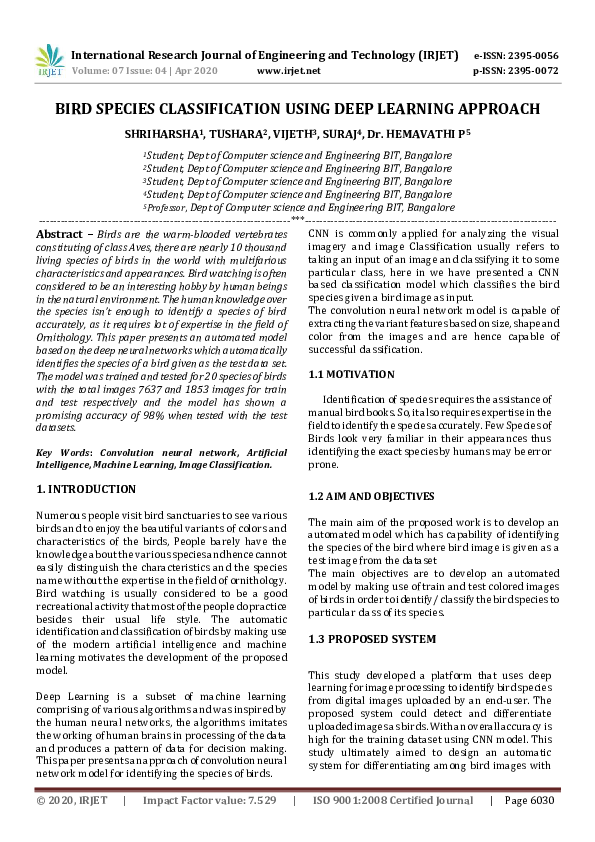 (PDF) IRJET- BIRD SPECIES CLASSIFICATION USING DEEP LEARNING APPROACH