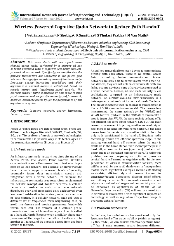 (PDF) IRJET- Wireless Powered Cognitive Radio Network to Reduce Path Handoff