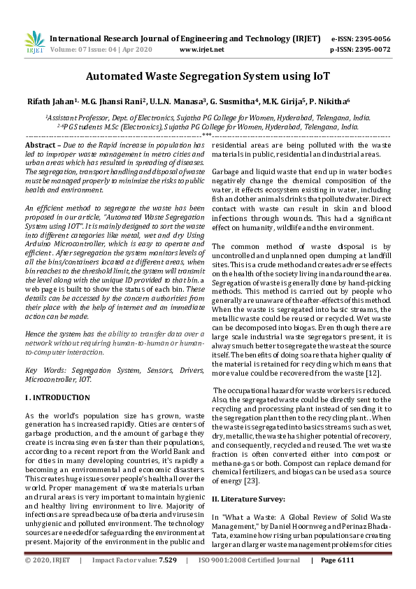 (PDF) IRJET- Automated Waste Segregation System using IoT