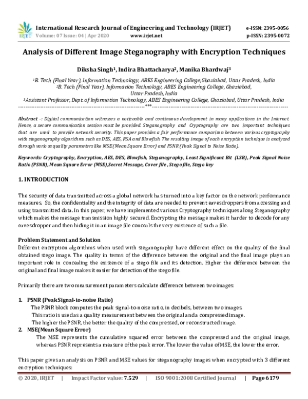 Pdf Irjet Analysis Of Different Image Steganography With Encryption Techniques Irjet