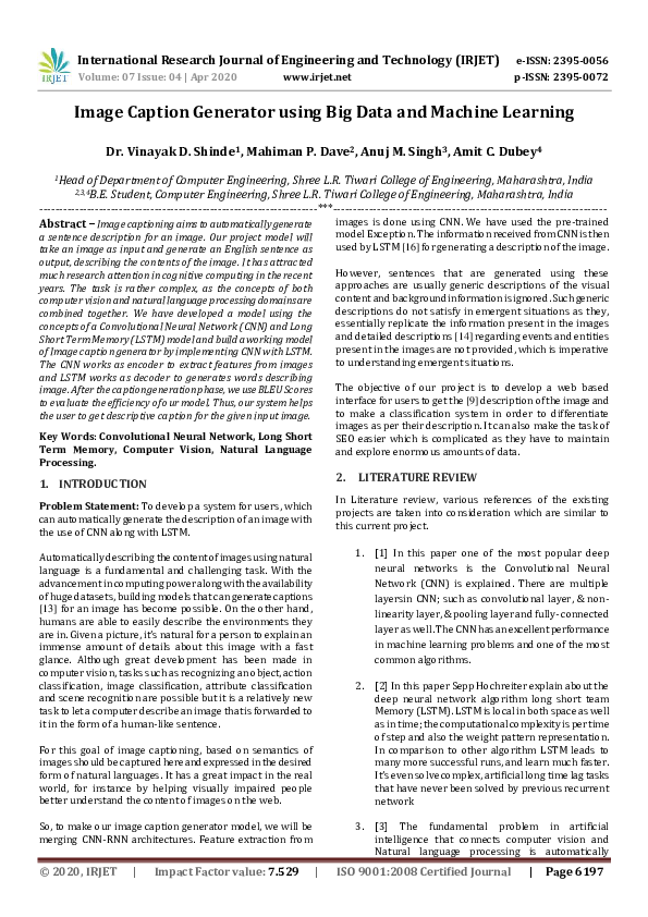 (PDF) IRJET- Image Caption Generator using Big Data and Machine Learning