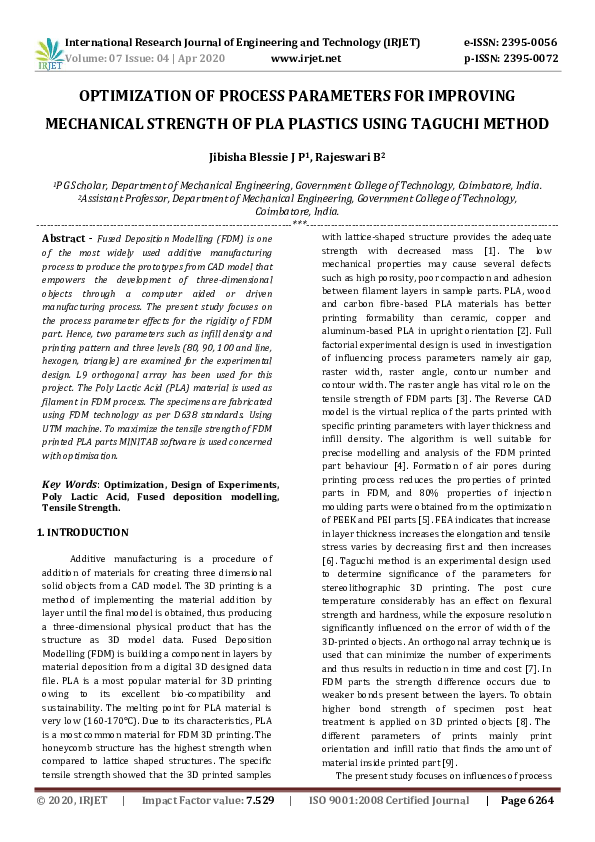 (PDF) IRJET- OPTIMIZATION OF PROCESS PARAMETERS FOR IMPROVING MECHANICAL STRENGTH OF PLA ...