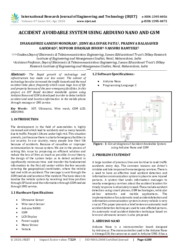 Pdf Irjet Accident Avoidable System Using Arduino Nano And Gsm