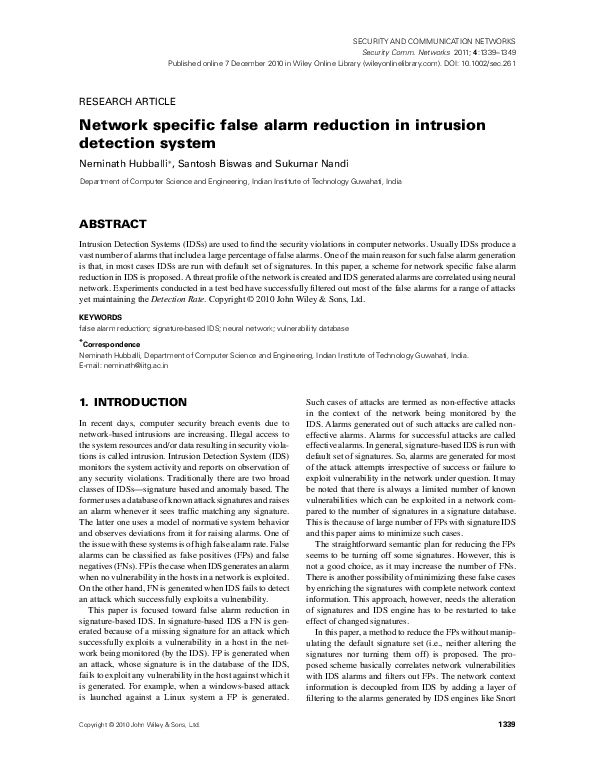 Pdf Network Specific False Alarm Reduction In Intrusion Detection System