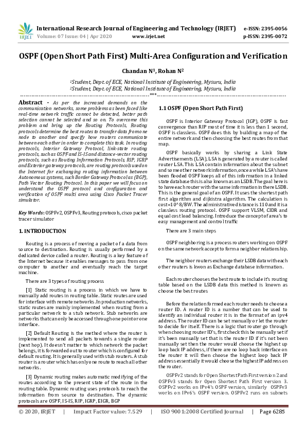 (PDF) IRJET- OSPF (Open Short Path First) Multi-Area Configuration and ... (PDF) IRJET- OSPF (Open Short Path First) Multi-Area Configuration and ...