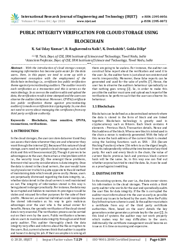 (PDF) IRJET- PUBLIC INTEGRITY VERIFICATION FOR CLOUD STORAGE USING BLOCKCHAIN