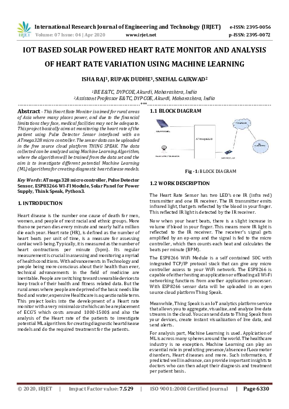 (PDF) IRJET- IOT BASED SOLAR POWERED HEART RATE MONITOR AND ANALYSIS OF ...