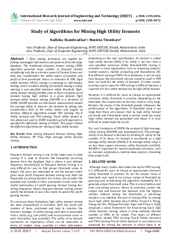 (PDF) IRJET- Study of Algorithms for Mining High Utility Itemsets