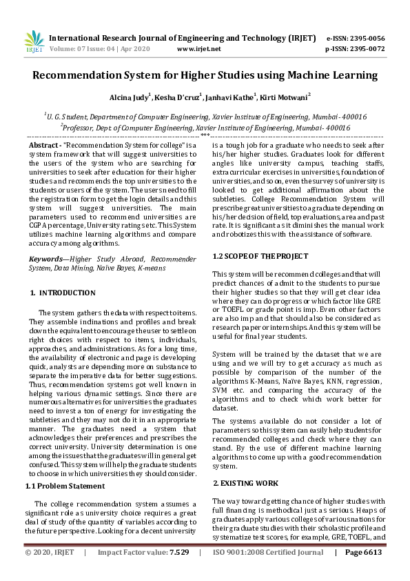 (PDF) IRJET- Recommendation System for Higher Studies using Machine ...