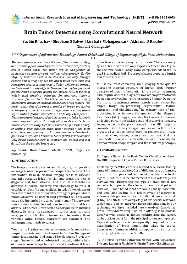 Pdf Irjet Brain Tumor Detection Using Convolutional Neural Network
