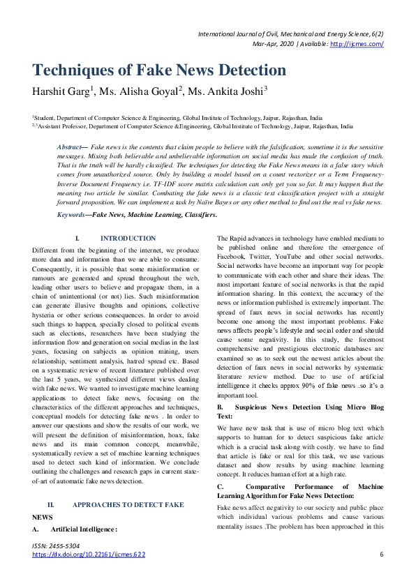 (PDF) Techniques of Fake News Detection