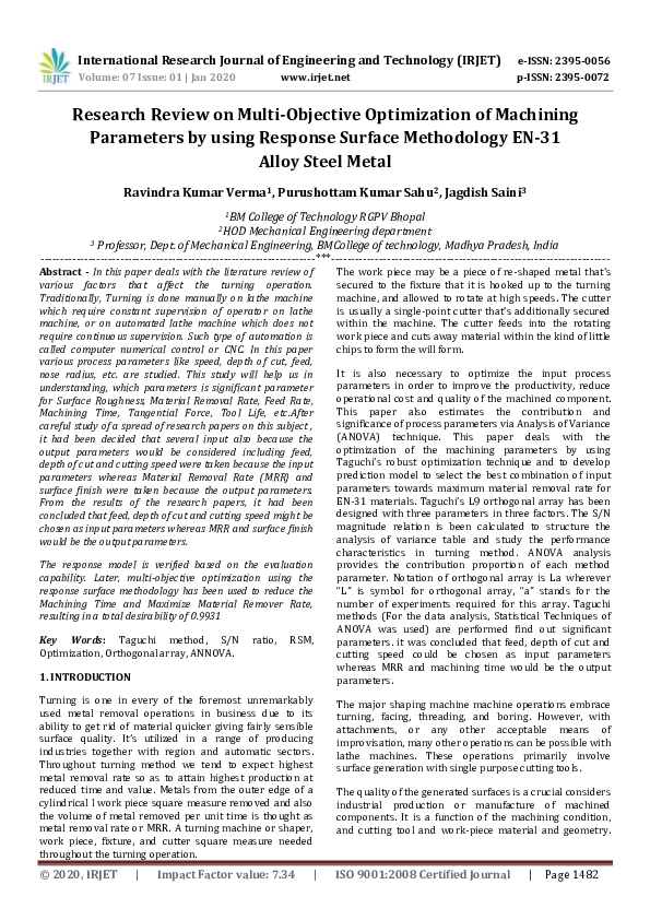 (PDF) IRJET- Research Review on Multi-Objective Optimization of Machining Parameters by using ...