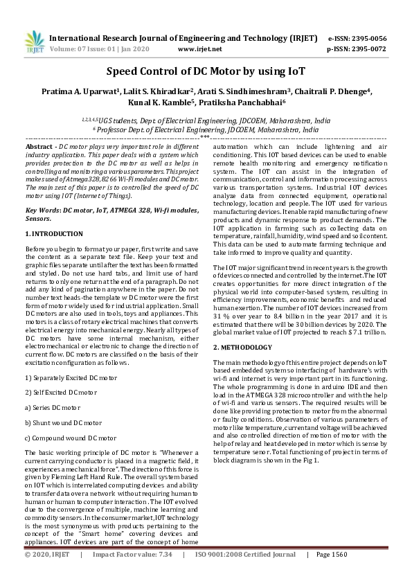 (PDF) IRJET- Speed Control of DC Motor by using IoT