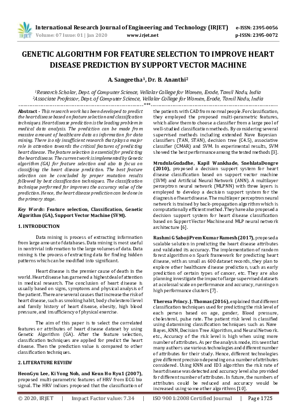 Pdf Irjet Genetic Algorithm For Feature Selection To Improve Heart
