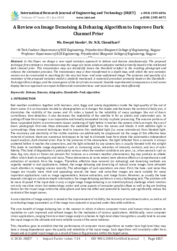 (PDF) IRJET- A Review on Image Denoising & Dehazing Algorithm to Improve Dark Channel Prior