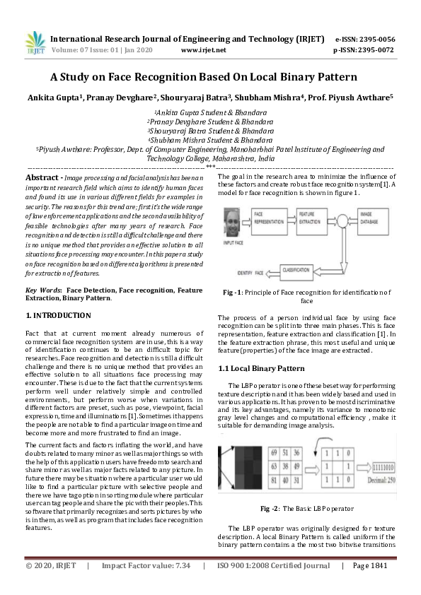 (PDF) IRJET- A Study on Face Recognition Based On Local Binary Pattern