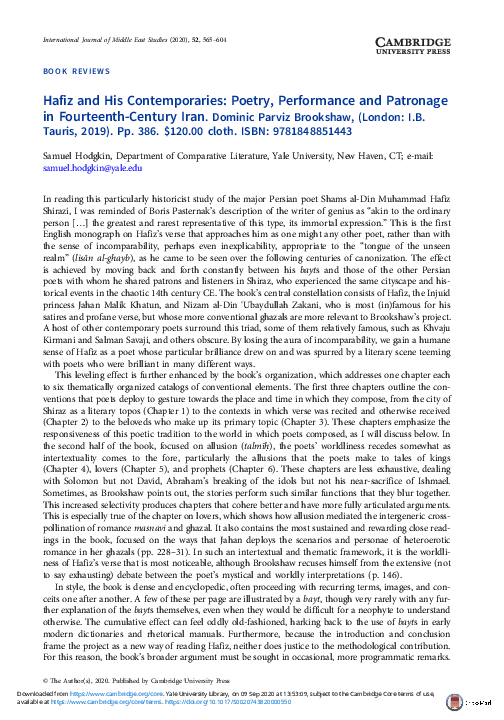 Review, Dominic Parviz Brookshaw, Hafiz and His Contemporaries: Poetry ...