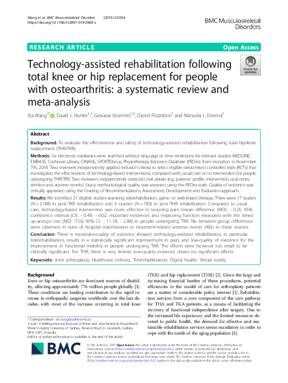 (PDF) Technology-assisted rehabilitation following total knee or hip ...