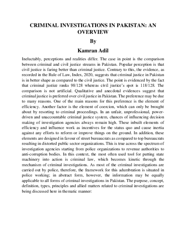 (PDF) CRIMINAL INVESTIGATIONS IN PAKISTAN: AN OVERVIEW
