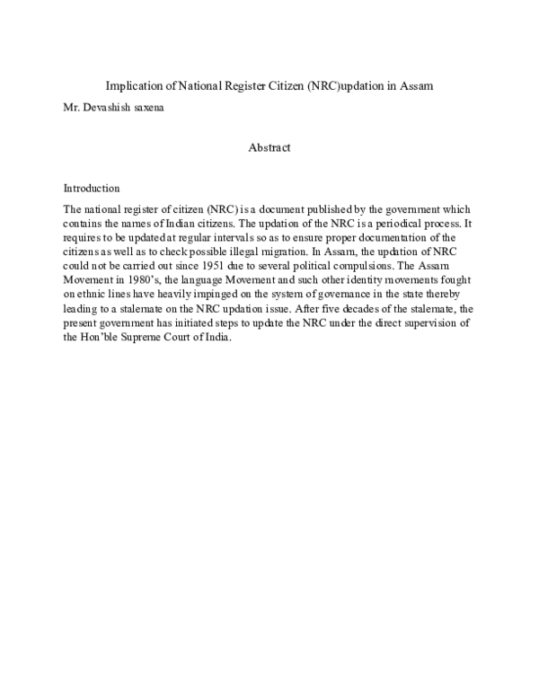 (DOC) Implication of National Register Citizen (NRC)updation in Assam