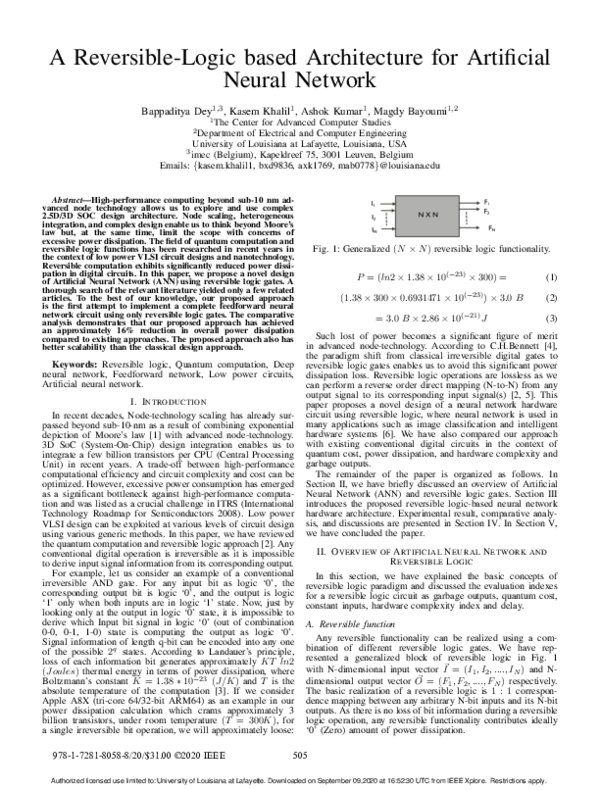 Pdf A Reversible Logic Based Architecture For Artificial Neural Network