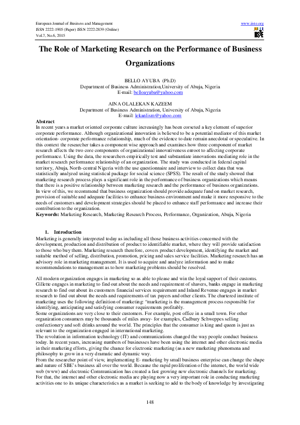 (PDF) The Role of Marketing Research on the Performance of Business ...