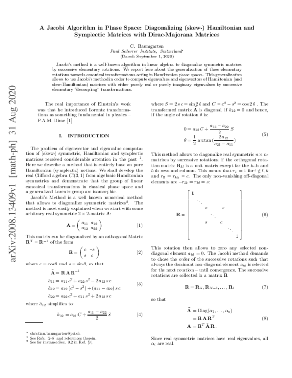 (PDF) A Jacobi Algorithm in Phase Space: Diagonalizing (skew-) Hamiltonian and Symplectic ...