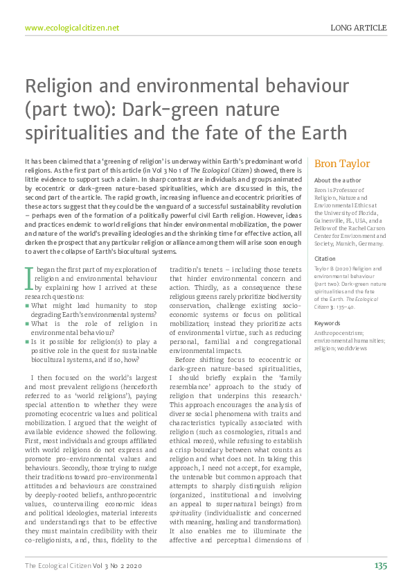 (PDF) Religion and environmental behaviour (part two): Dark-green ...