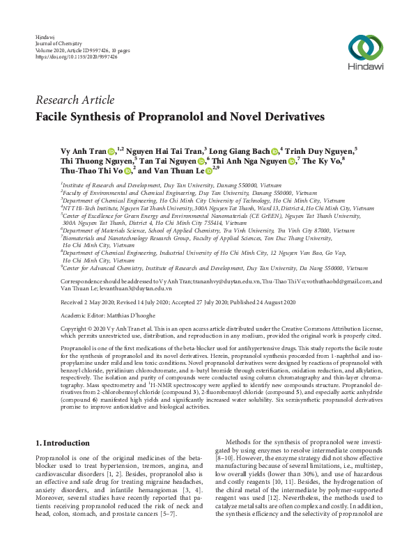 (PDF) Facile Synthesis of Propranolol and Novel Derivatives