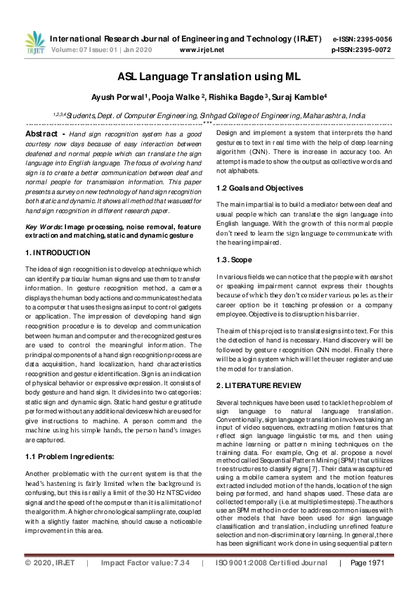 (PDF) IRJET- ASL Language Translation using ML