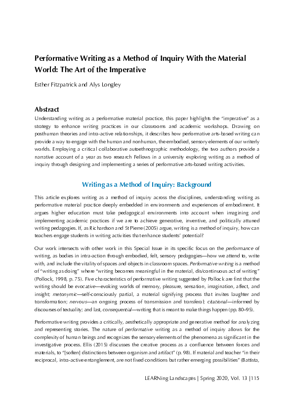 (PDF) Performative Writing as a Method of Inquiry With the Material ...
