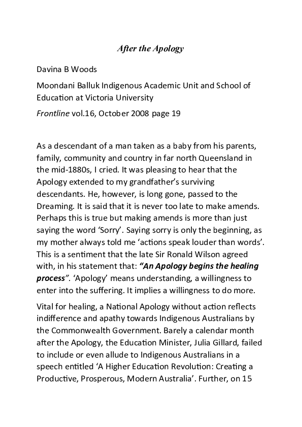 (DOC) Stolen Generations: After the Apology | Davina B Woods PhD ...