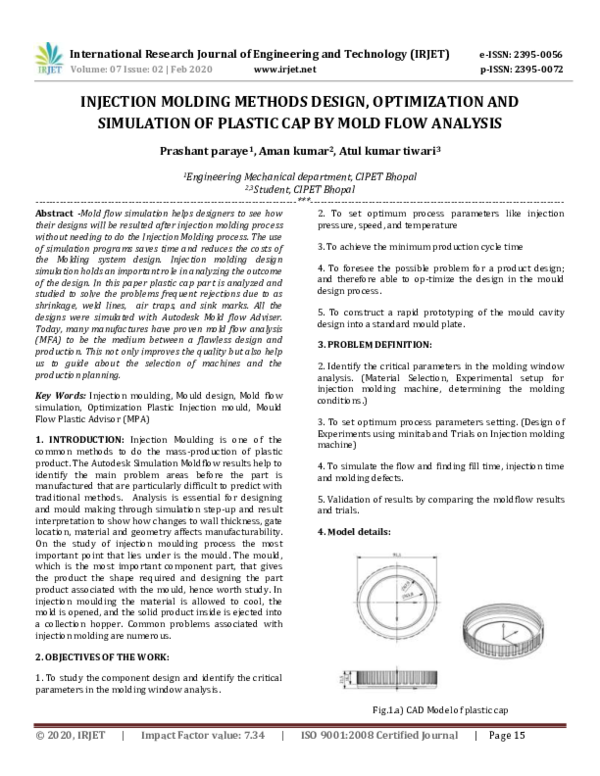 Pdf Irjet Injection Molding Methods Design Optimization And Simulation Of Plastic Cap By