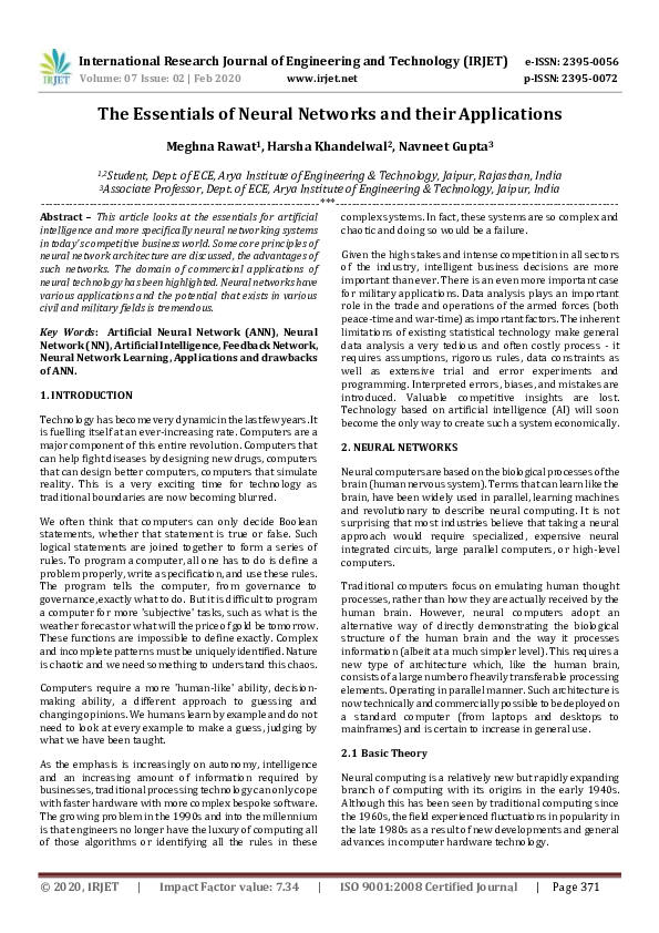(PDF) IRJET- The Essentials of Neural Networks and their Applications: Artificial Neural Network ...