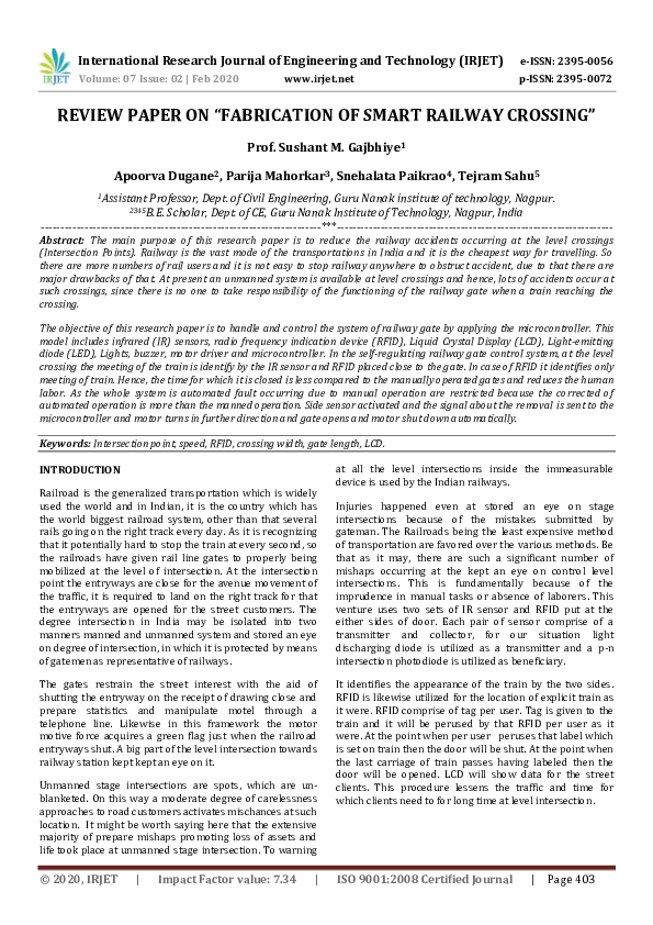 Pdf Irjet Review Paper On Fabrication Of Smart Railway Crossing