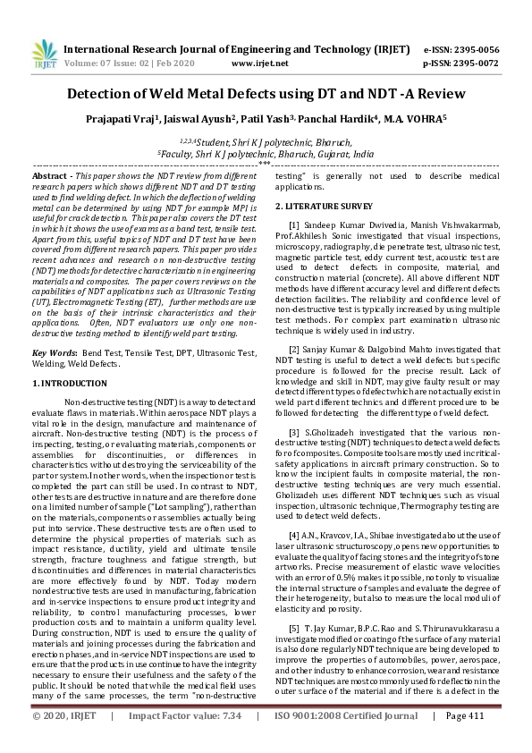 (PDF) IRJET- Detection of Weld Metal Defects using DT and NDT -A Review