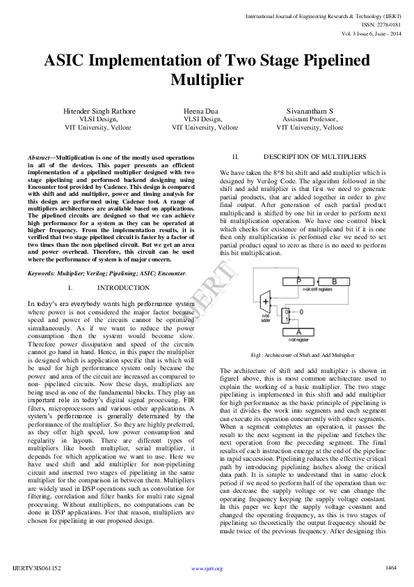 (PDF) IJERT-ASIC Implementation of Two Stage Pipelined Multiplier (PDF) IJERT-ASIC Implementation of Two Stage Pipelined Multiplier