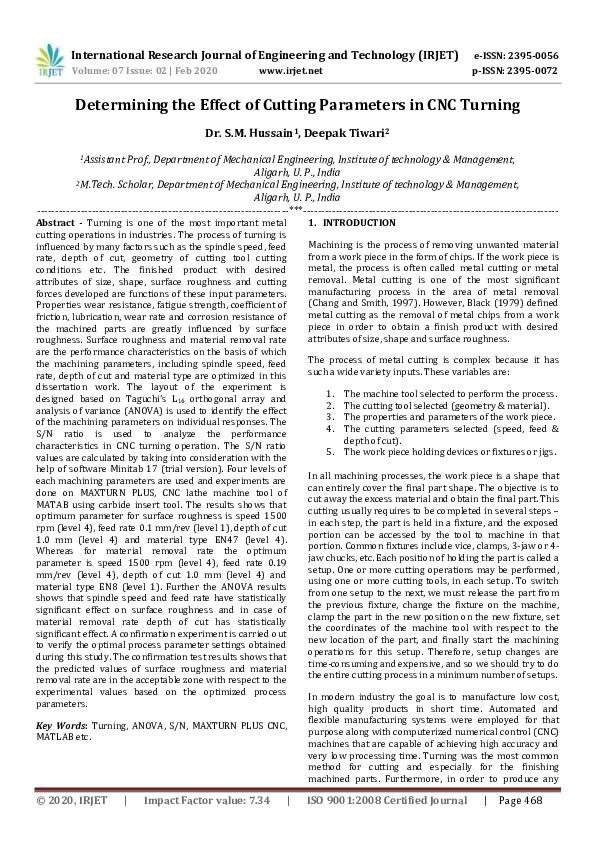 Pdf Irjet Determining The Effect Of Cutting Parameters In Cnc Turning