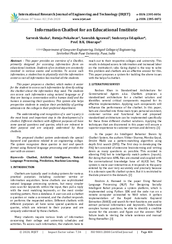(PDF) IRJET- Information Chatbot for an Educational Institute