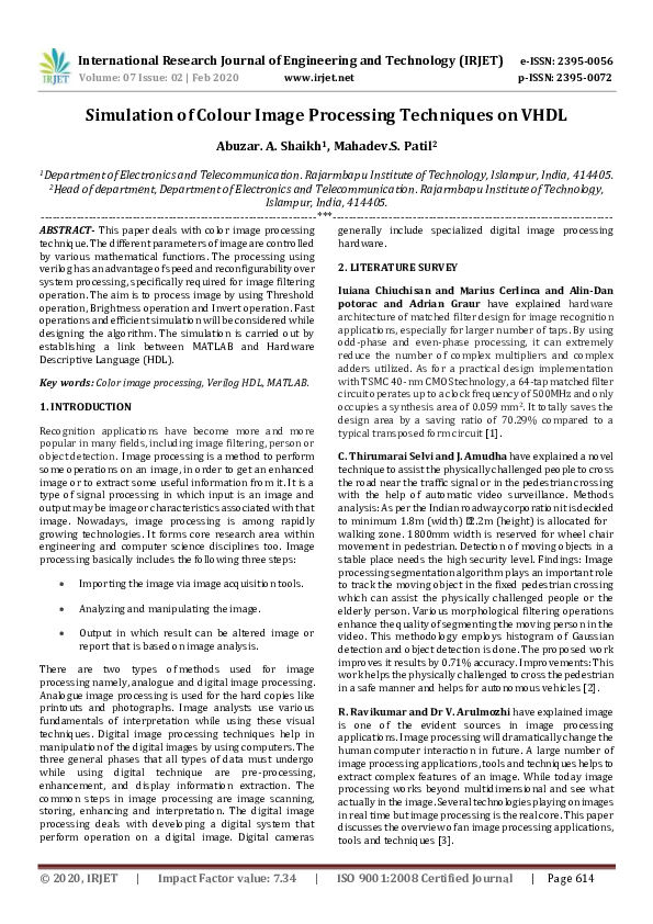 Pdf Irjet Simulation Of Colour Image Processing Techniques On Vhdl