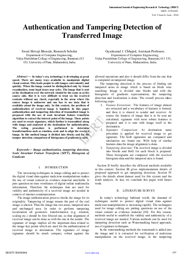 Pdf Ijert Authentication And Tampering Detection Of Transferred Image Ijert Journal