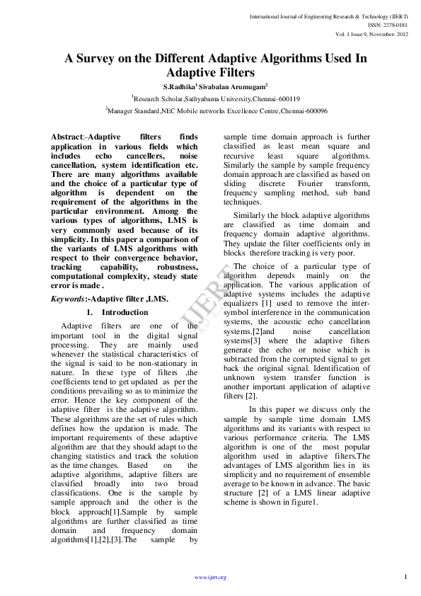 Pdf Ijert A Survey On The Different Adaptive Algorithms Used In Adaptive Filters Ijert 7533