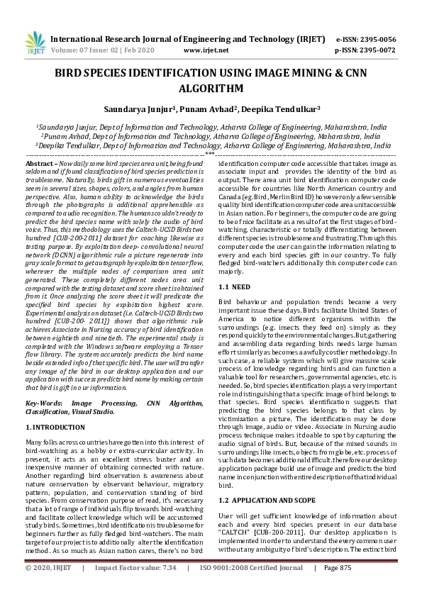 (PDF) IRJET- BIRD SPECIES IDENTIFICATION USING IMAGE MINING & CNN ALGORITHM
