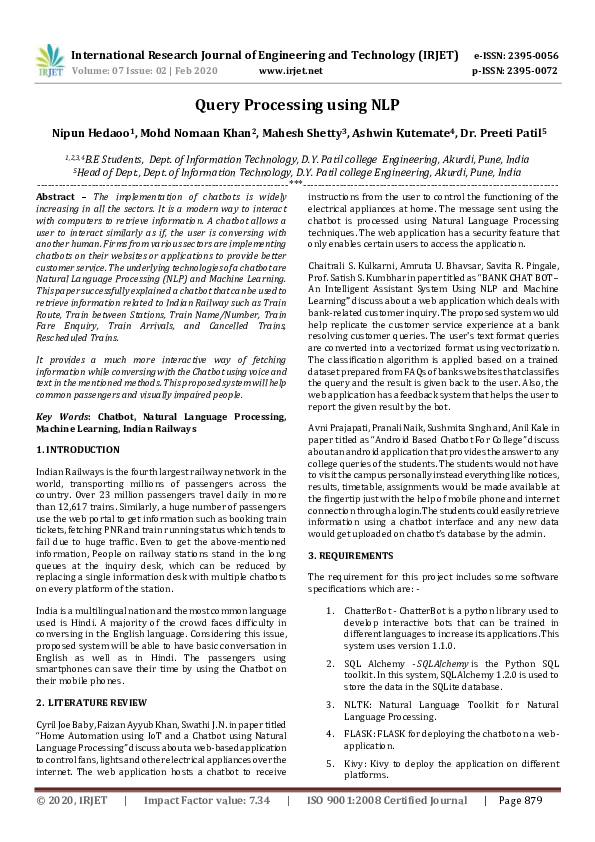 (PDF) IRJET- Query Processing using NLP