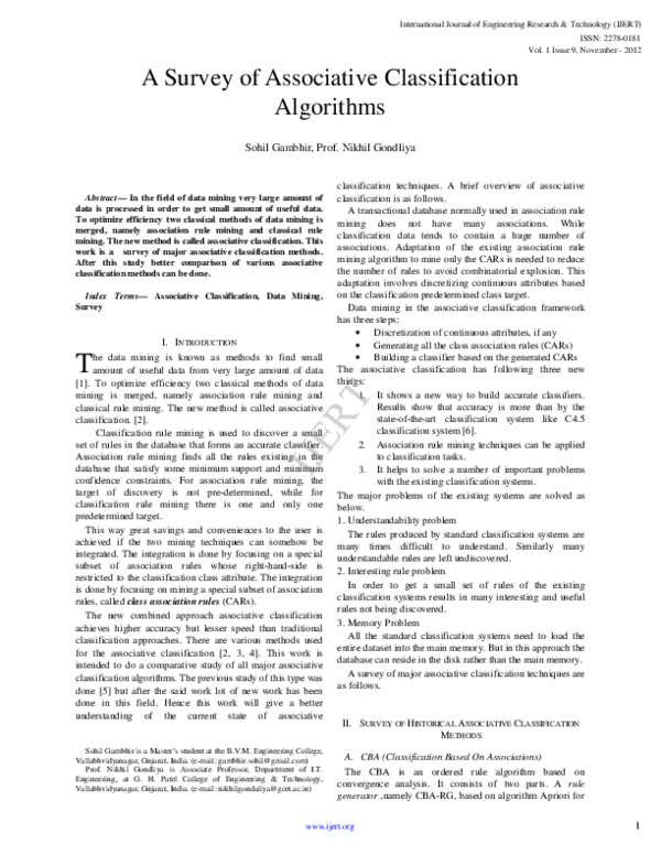 Pdf Ijert A Survey Of Associative Classification Algorithms Ijert Journal