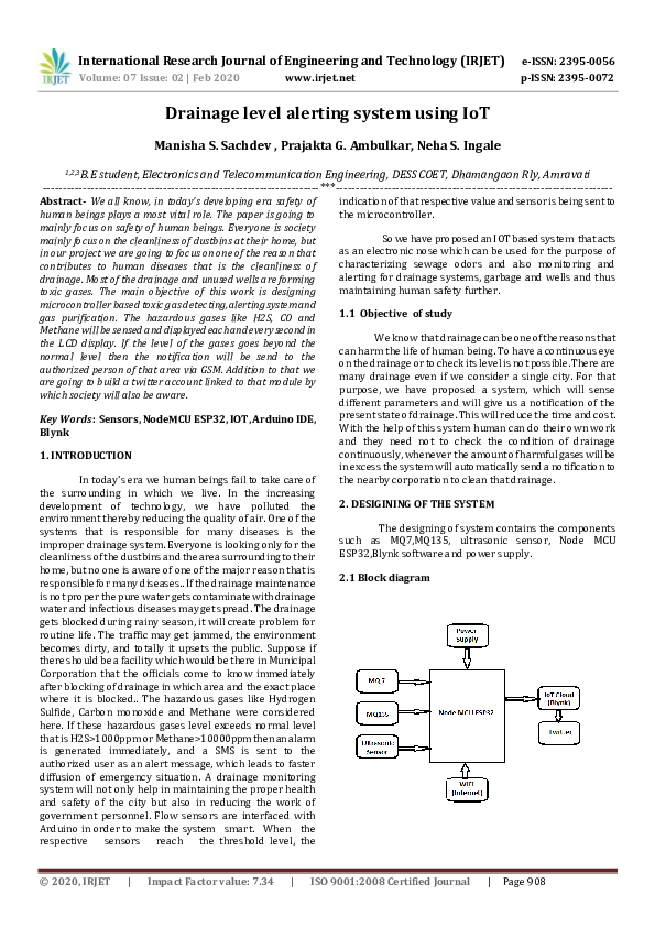 (PDF) IRJET- Drainage level alerting system using IoT