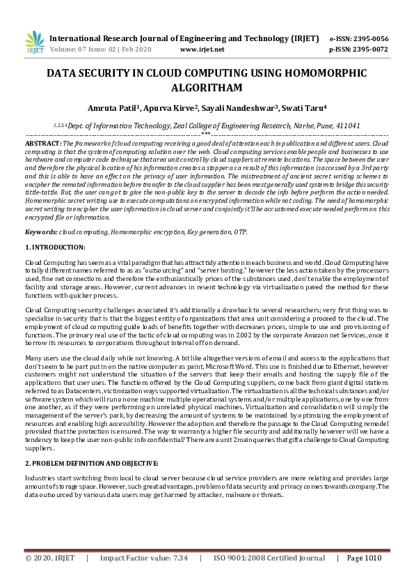(PDF) IRJET- DATA SECURITY IN CLOUD COMPUTING USING HOMOMORPHIC ALGORITHAM