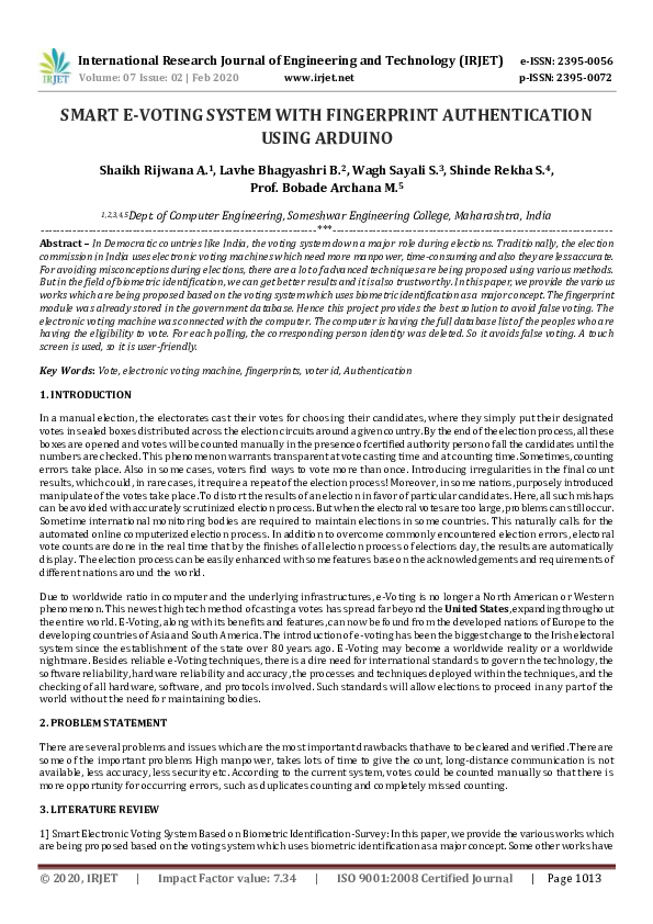 Pdf Irjet Smart E Voting System With Fingerprint Authentication Using Arduino